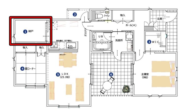 レスコハウスさんの平屋「CUBE One」間取り2つのおすすめポイント【収納充実の中庭付き2LDK】｜ヒラヤスタイル