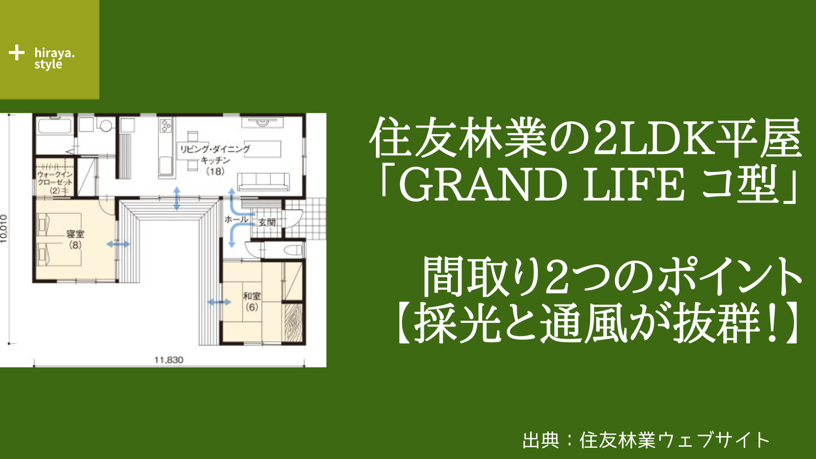【23坪】住友林業さんの2LDK平屋「GRAND LIFE コ型」間取り2つのおすすめポイント【採光と通風が抜群！】｜ヒラヤスタイル