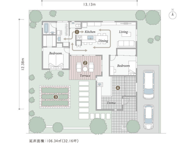 パナソニックホームズさんの平屋「PLAN C」間取り2つのおすすめポイント【広い土間玄関と中庭】｜ヒラヤスタイル