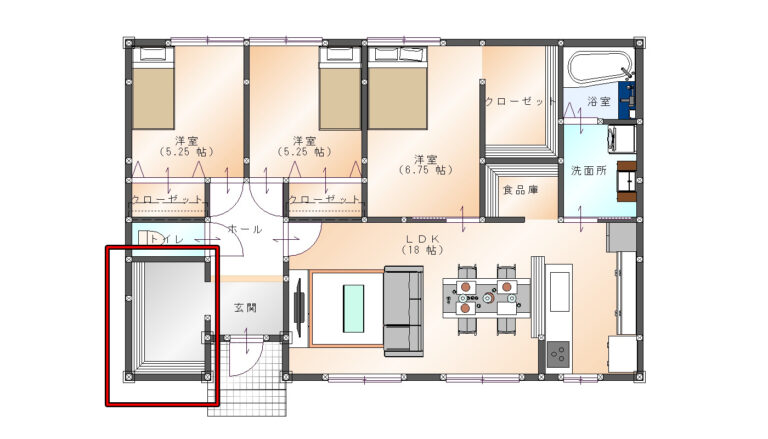 SAMATAさんの平屋「PLAN3 3LDK」間取り2つのおすすめポイント【使いやすい玄関収納と食品庫】｜ヒラヤスタイル