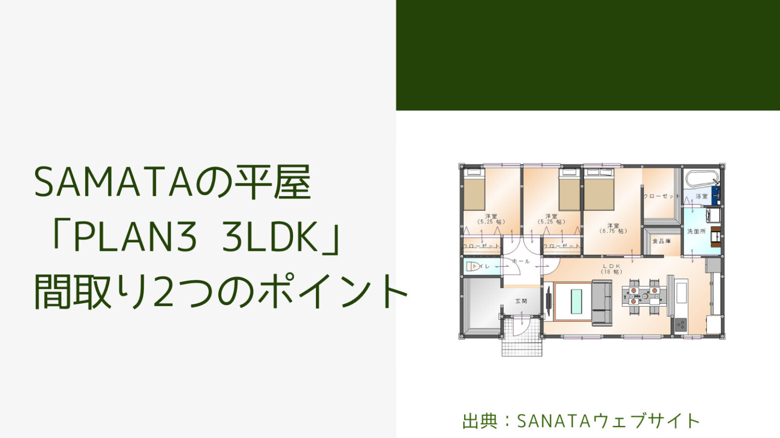 SAMATAさんの平屋「PLAN3 3LDK」間取り2つのおすすめポイント【使いやすい玄関収納と食品庫】｜ヒラヤスタイル