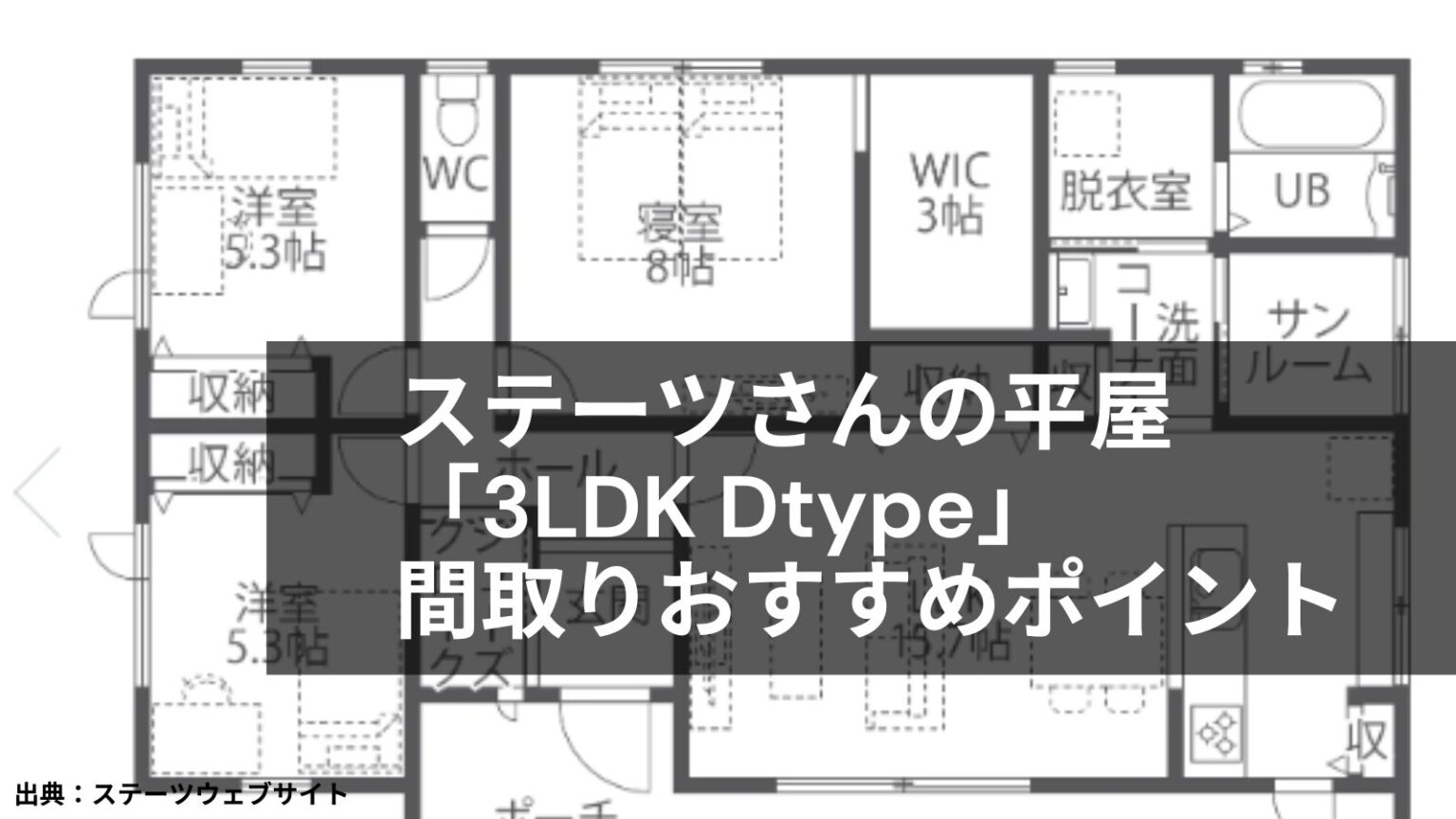 ステーツさんの平屋「3LDK Dtype」間取りおすすめポイント【独立洗面所とサンルームで完璧な水回り】｜ヒラヤスタイル